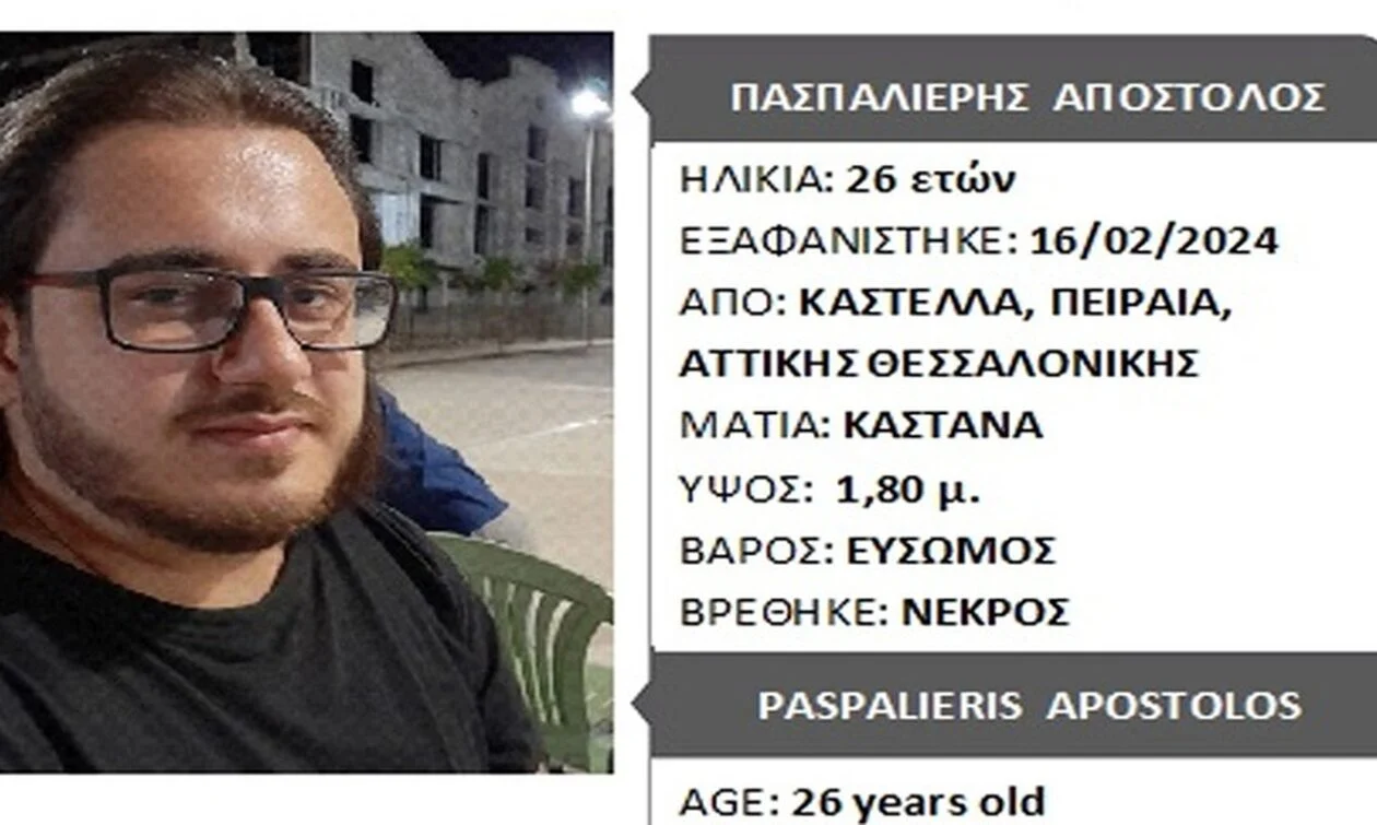 Πειραιάς: Νεκρός εντοπίστηκε ο 26χρονος Απόστολος που είχε εξαφανιστεί